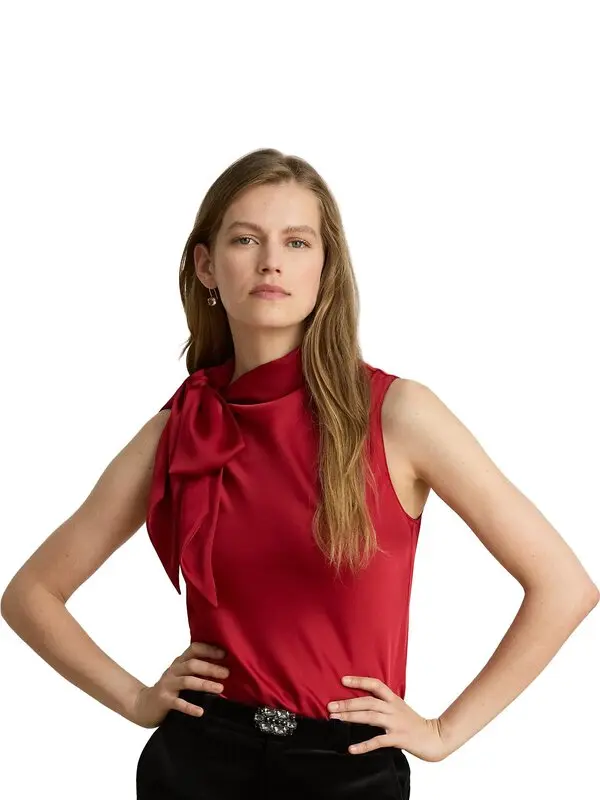 Ralph Lauren Tie-neck Charmeuse Sleeveless Blouse - Ralph Red