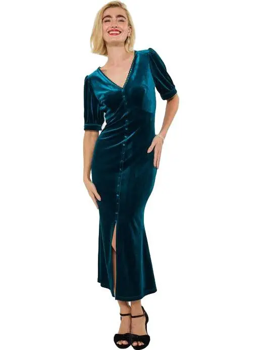 JOE BROWNS Stretch Velvet Fluted Midi Dress - Teal