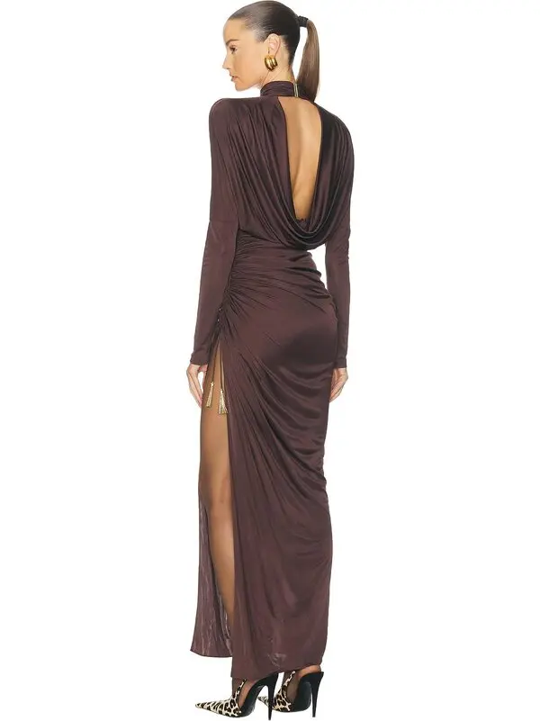 Balmain Open Back Slit Viscose Jersey Long Dress - Marron