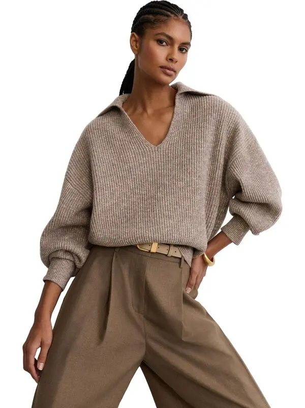 REISS Twyla Wool-cotton Rib-knit Open-collar Jumper - Stone Neutral