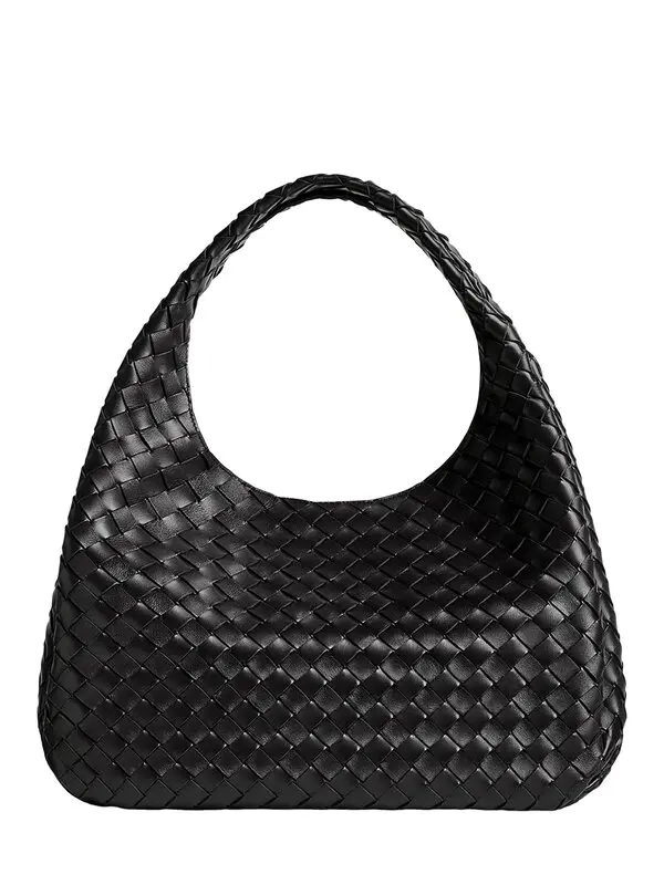 Bottega Veneta Large Leather Intrecciato Campana Shoulder Bag - Black
