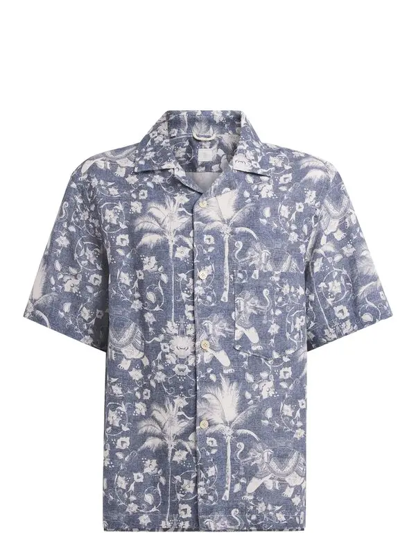 Eleventy Linen Printed Bowling Shirt - Navy