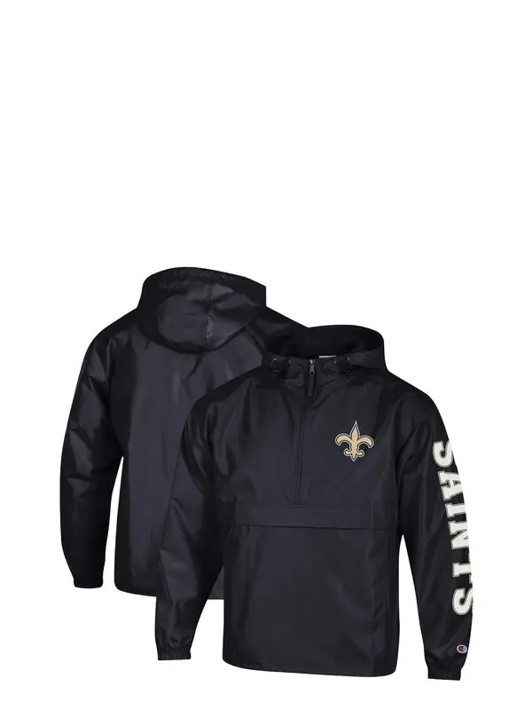 Champion New Orleans Saints Packable Hooded Windbreaker Half-zip Jacket - Black