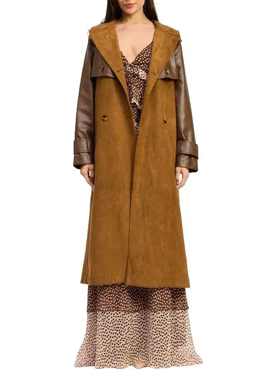 EN SAISON Yumi Faux Leather Trim Trench Coat - Brown
