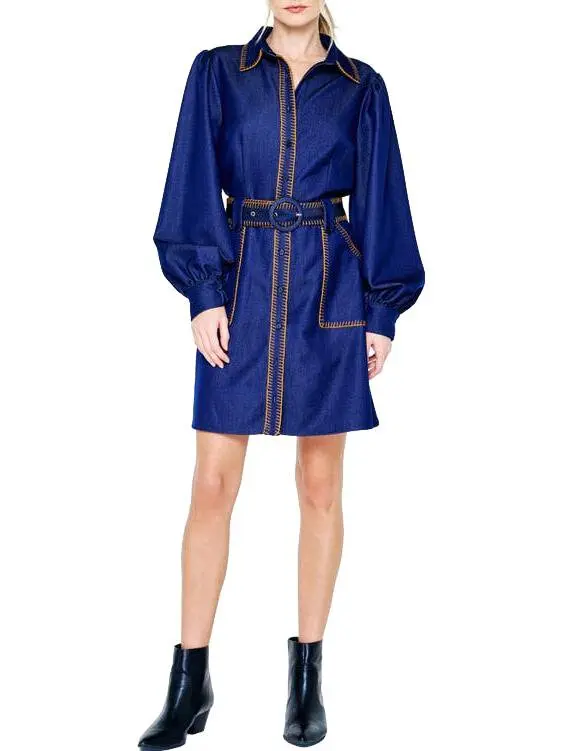 CIEBON Gelso Stitch Belted Denim Dress - Medium Denim