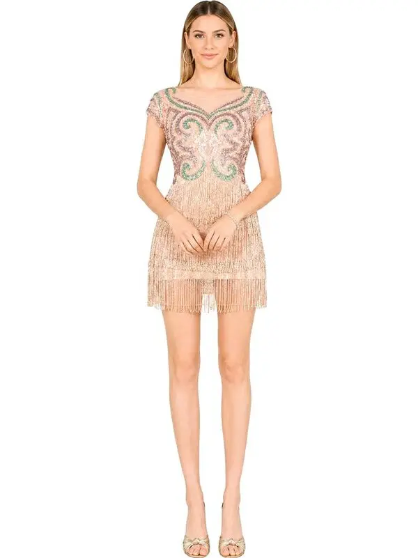 LARA NEW YORK Beaded Faux-wrap V-neck Bridal Gown - Blush/multi