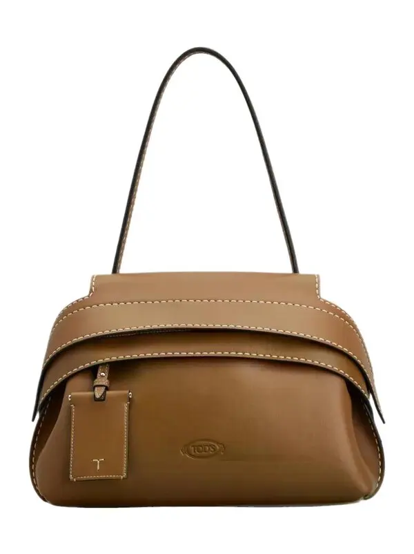 TOD'S Topstitched Leather Shoulder Bag - Brown