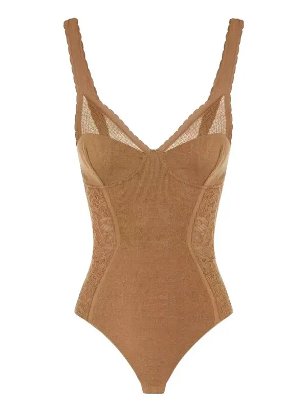 Elisabetta Franchi Bodysuit In Knit And Lace Fabric - Neutrals