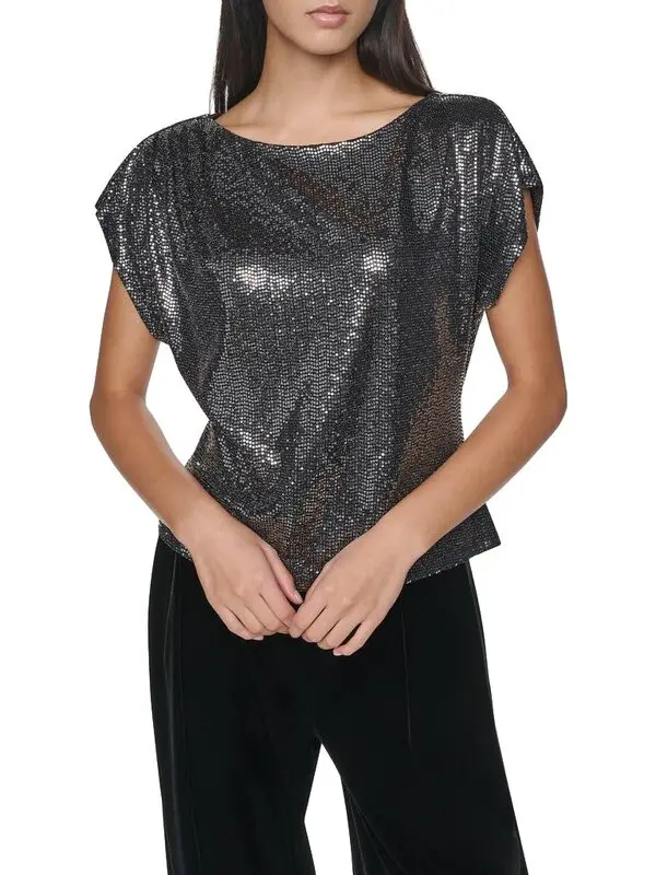 Dkny Mirror Metallic Short Sleeve Top - Black/silver