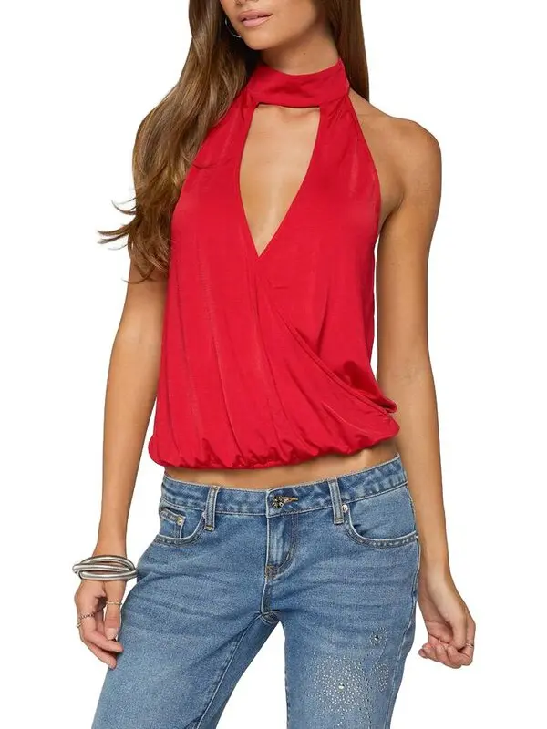 EDIKTED Lizah High Neck Cutout Wrap Top - Red