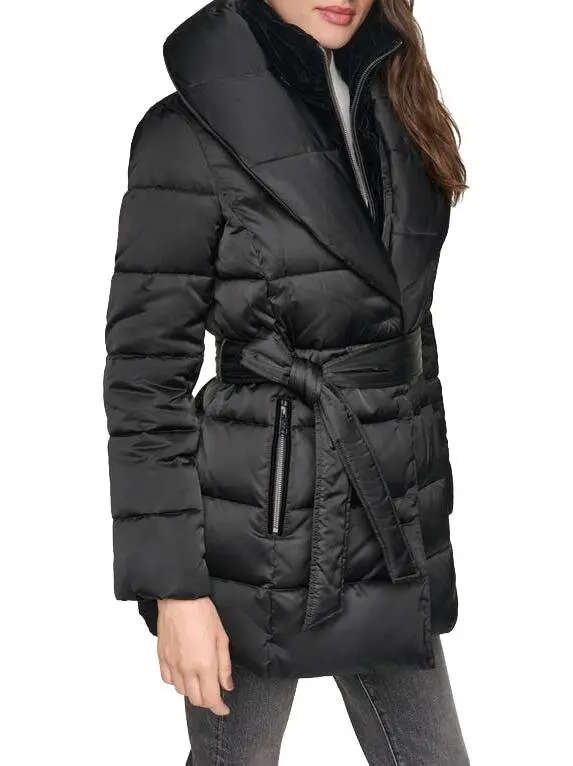 Andrew Marc Zamora Shawl Collar Belted Puffer Coat - Black