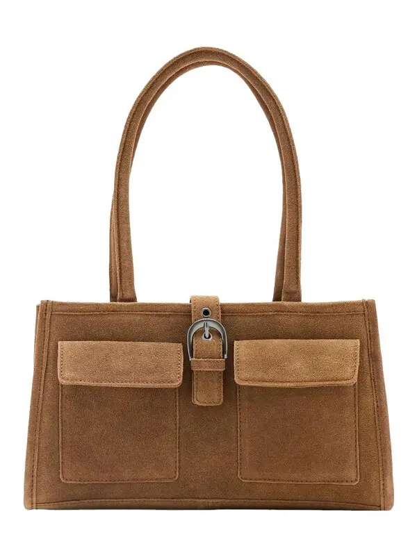 Mango Suede Buckle Shoulder Bag - Sand