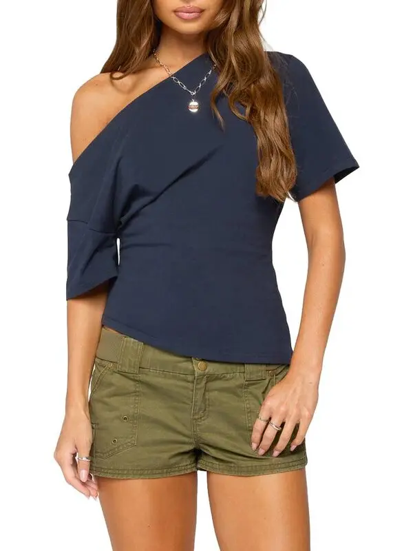 EDIKTED Mariee Asymmetric Off The Shoulder T-shirt - Navy