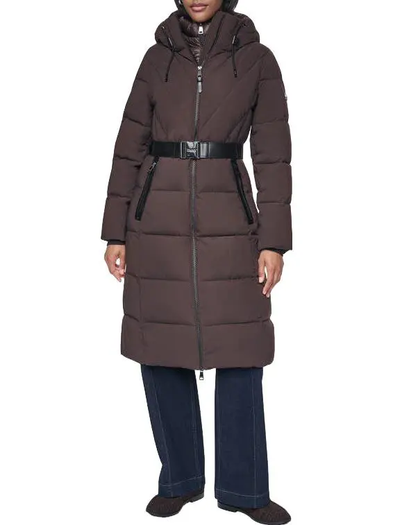 Dkny Water Resistant Belted Long Puffer Coat With Bib - Bitter