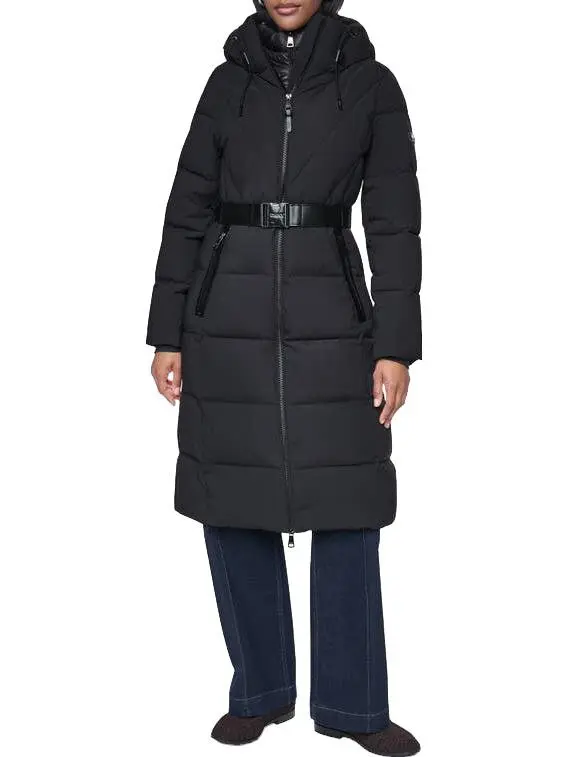 Dkny Water Resistant Belted Long Puffer Coat With Bib - Black