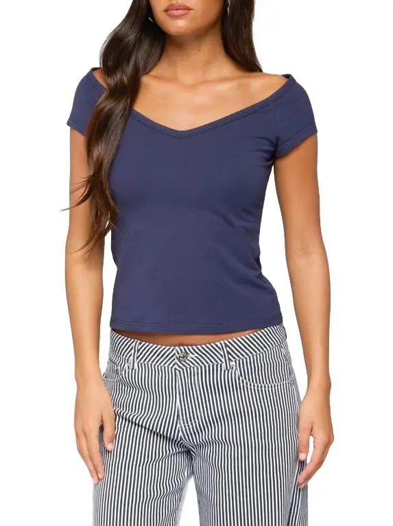 EDIKTED Calie Off The Shoulder V-neck Top - Navy