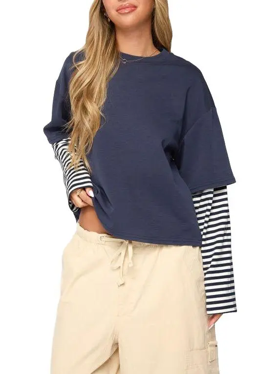 EDIKTED Nacie Layered Striped Long Sleeve T-shirt - Navy