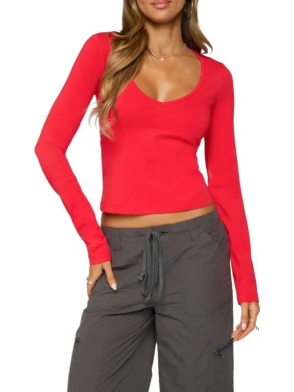 EDIKTED Feva V-neck Long Sleeve Top - Red