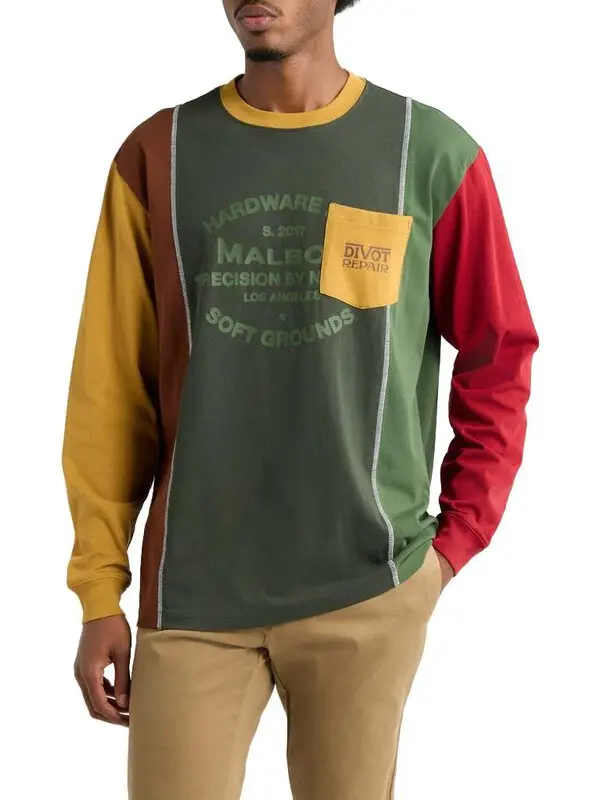 MALBON Gridline Colorblock Long Sleeve Pocket Graphic T-shirt - Olive