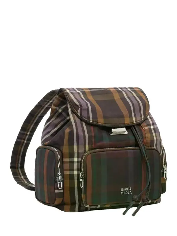 Bimba Y Lola Large Superwax Chocolate And Green Tartan Pocket Backpack - Brown