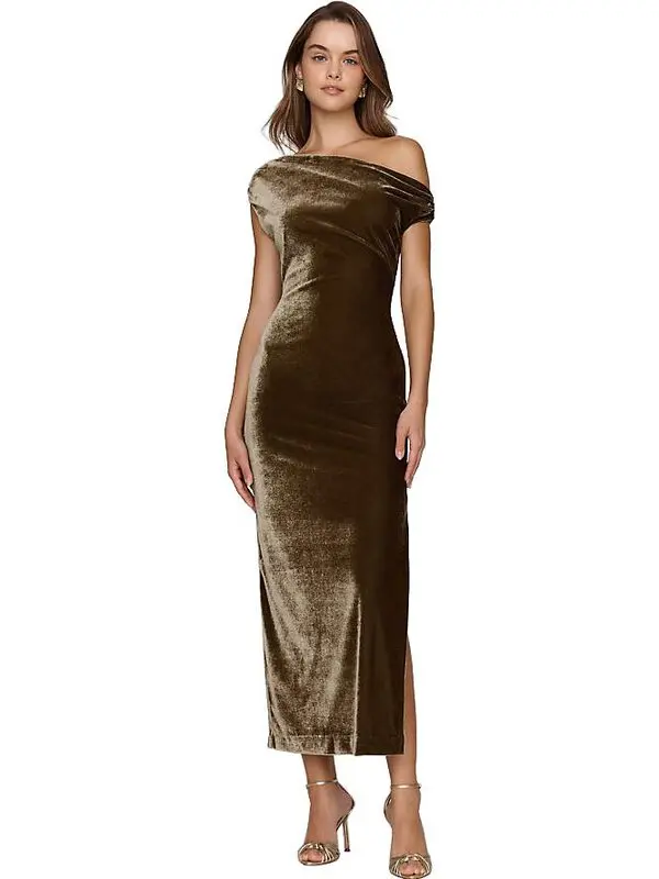 Bhldn Off Shoulder Velvet Maxi Dress - Olive