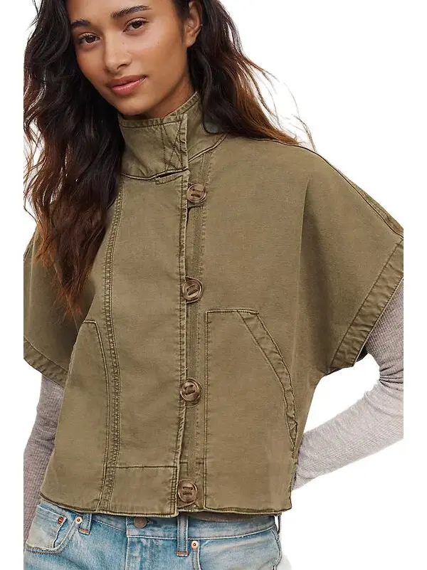 PILCRO Short Sleeve Buttondown Shirt Jacket - Olive