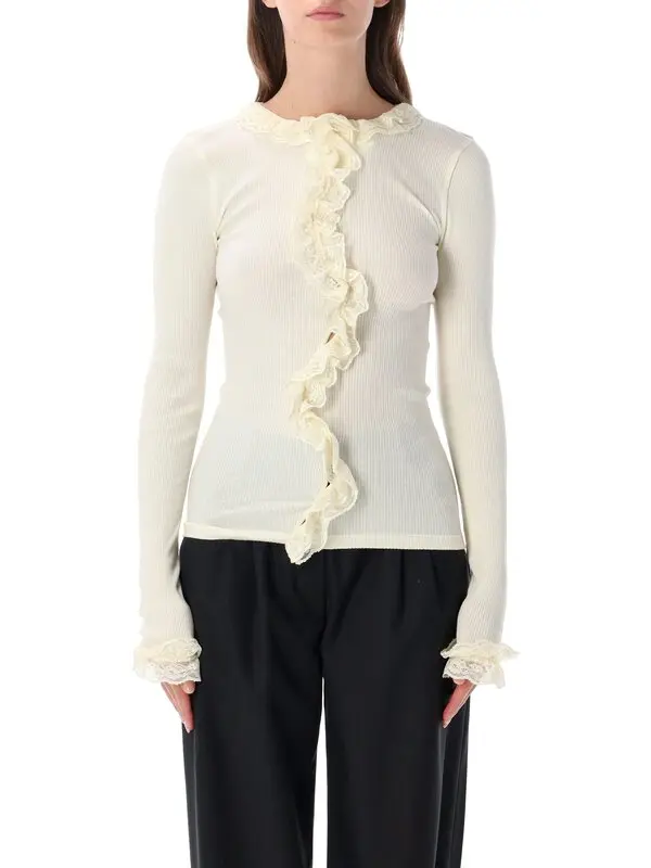 OPERASPORT Lace Trim Ribbed Long Sleeve Top - Bianco