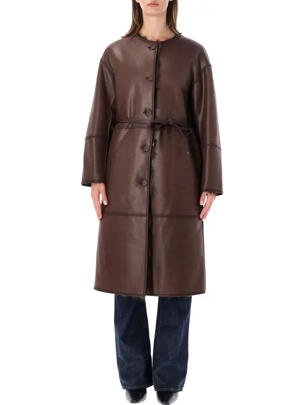 URBANCODE Belted Faux Fur Trim Long Coat - Marrone