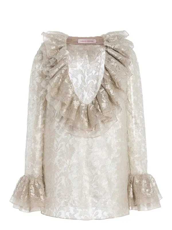 Carolina Herrera U-neck Lurex Floral Lace Top - Silver
