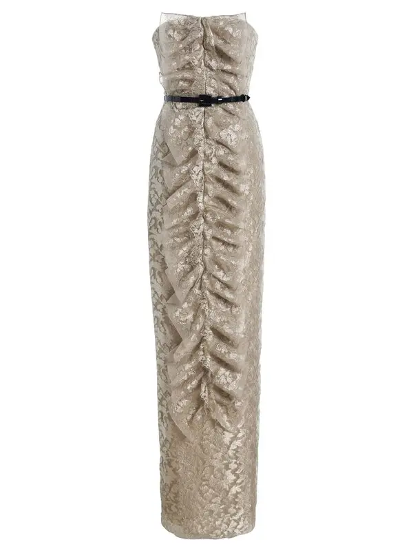 Carolina Herrera Strapless Lurex Floral Lace Gown - Silver