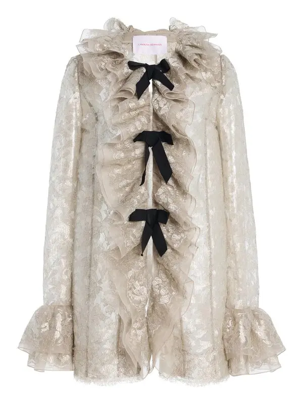 Carolina Herrera Ruffled Lurex Floral Lace Coat - Silver