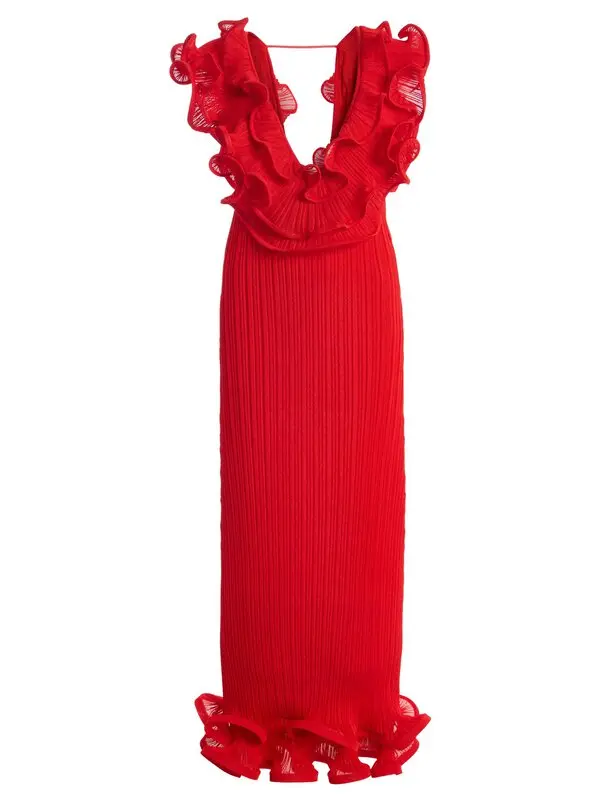 Carolina Herrera Ruffled V-neck Viscose Fine Knit Rib Dress - Red