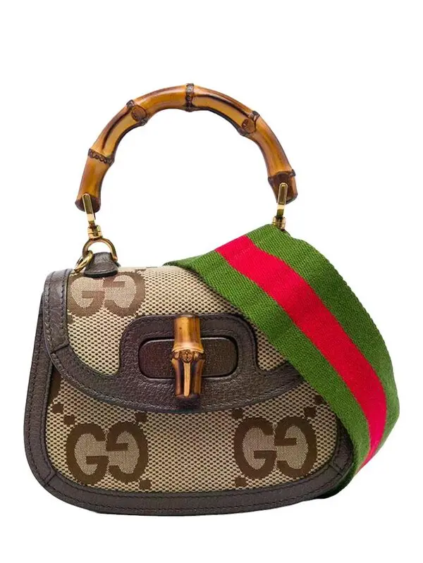 Gucci 2016-2026 Mini Jumbo Gg Canvas 1947 Bamboo Top Handle Bag Satchel - Neutrals