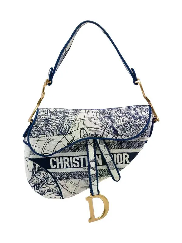 Dior 2020 Canvas Embroidered Around The World Saddle Bag Shoulder Bag - Blue