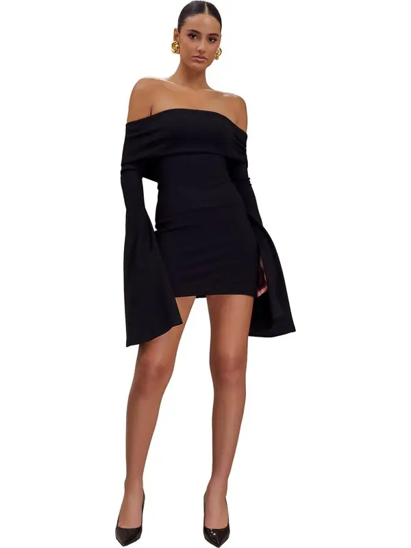 Meshki Dominique Off Shoulder Long Sleeve Mini Dress - Black