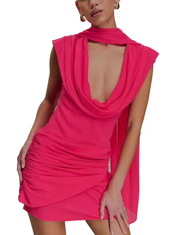 Meshki Giulia Chiffon Draped Mini Dress - Raspberry