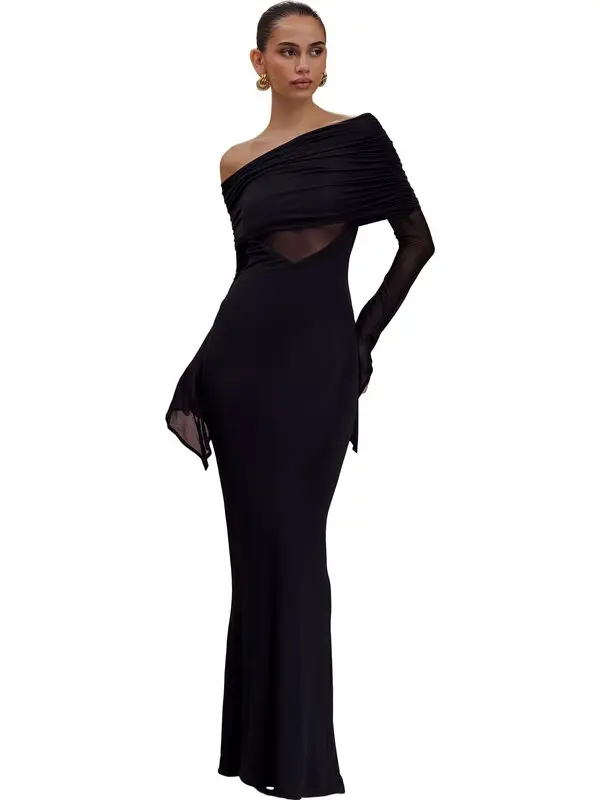 Meshki Kaitlin One Shoulder Slinky And Mesh Maxi Dress - Black