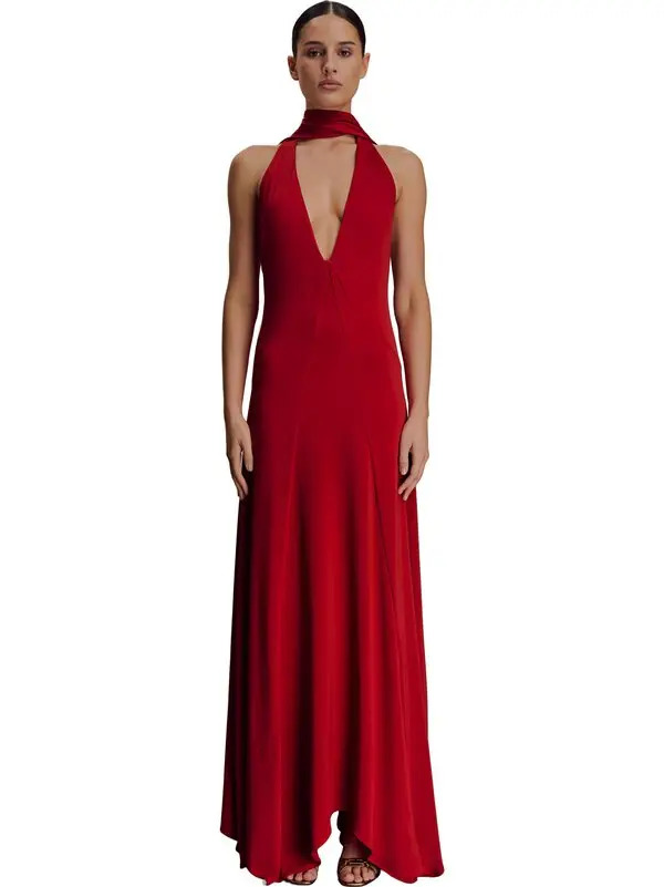 Meshki Juliet Slinky Maxi Dress With Scarf - Ruby Red