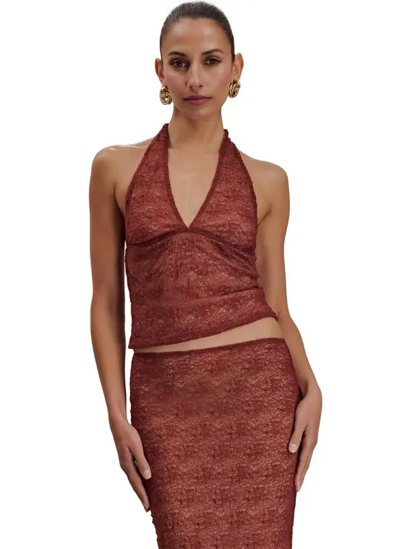 Meshki Asher Sheer Lace Halter Top - Chilli
