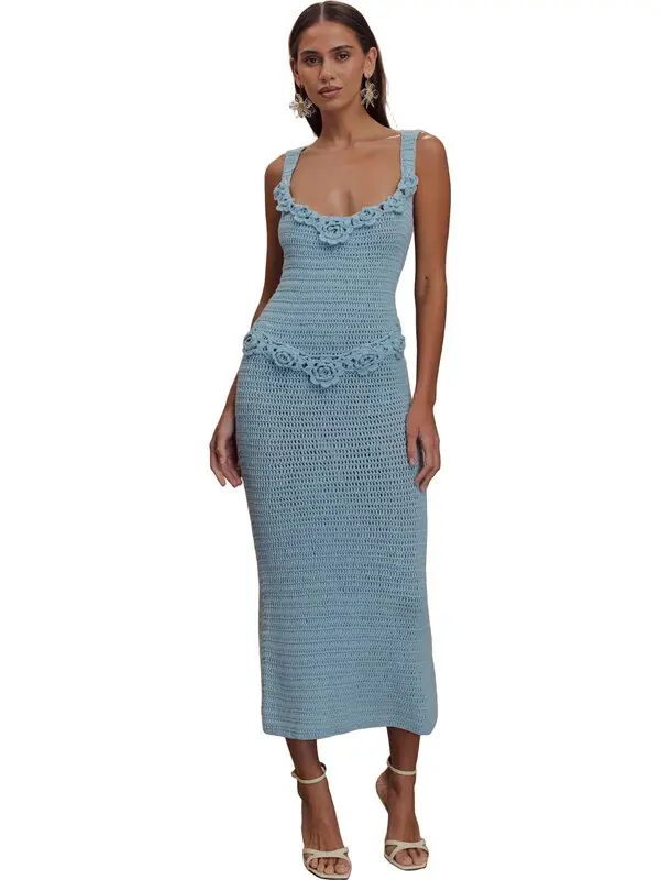 Meshki Teagan Floral Hand Crochet Midi Dress - Blue