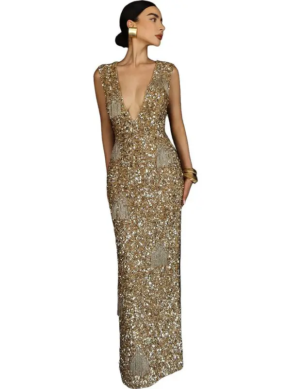 Meshki Astor Hand Embellished Maxi Dress - Gold