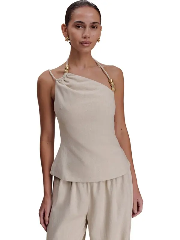 Meshki Gabby Asymmetrical Neckline Linen Beaded Top - Natural