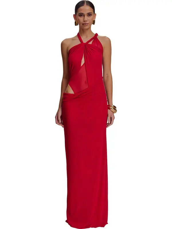 Meshki Edwina Knotted Mesh Maxi Dress - Red