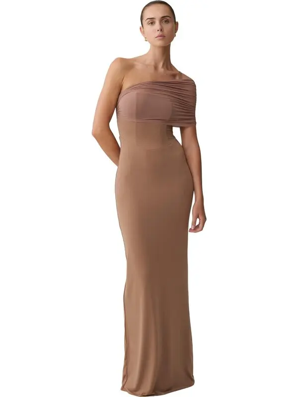 Meshki Hanh One Shoulder Mesh Maxi Dress - Tan