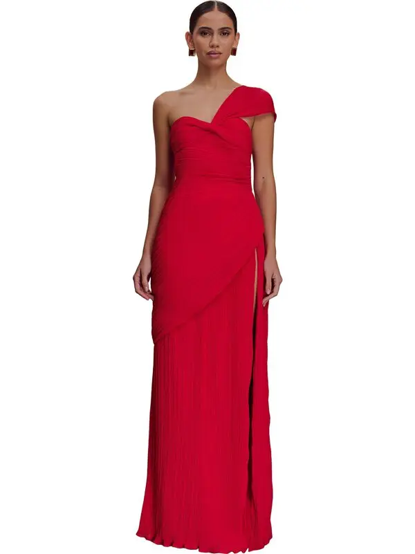 Meshki Tamara Shirred Chiffon Midi Dress - Red
