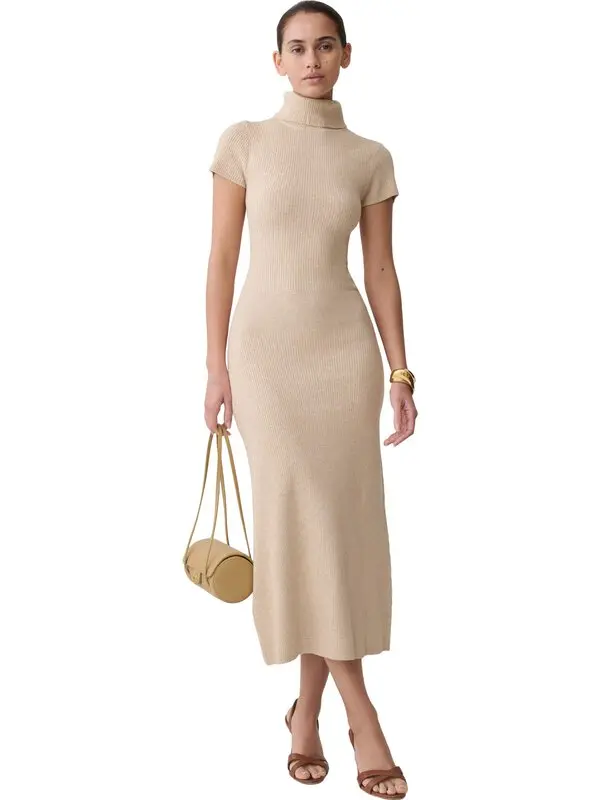 Meshki Goldie High Neck Knit Midi Dress - Camel