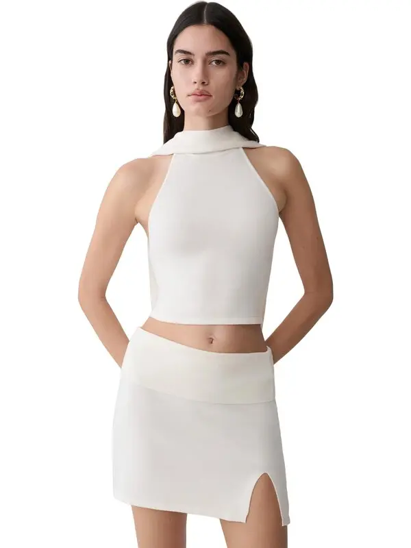 Meshki Misty Halter Backless Knit Top - Ivory