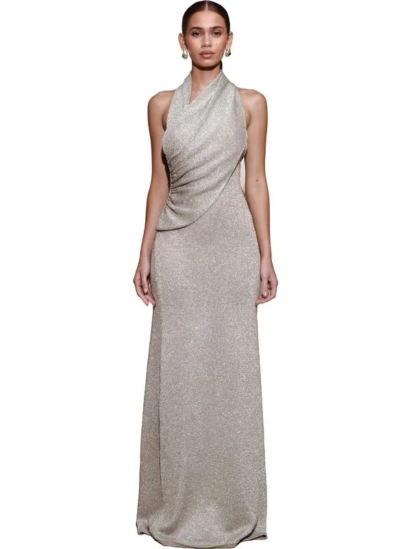 Meshki Elma Lurex Knit Halter Maxi Dress - Silver