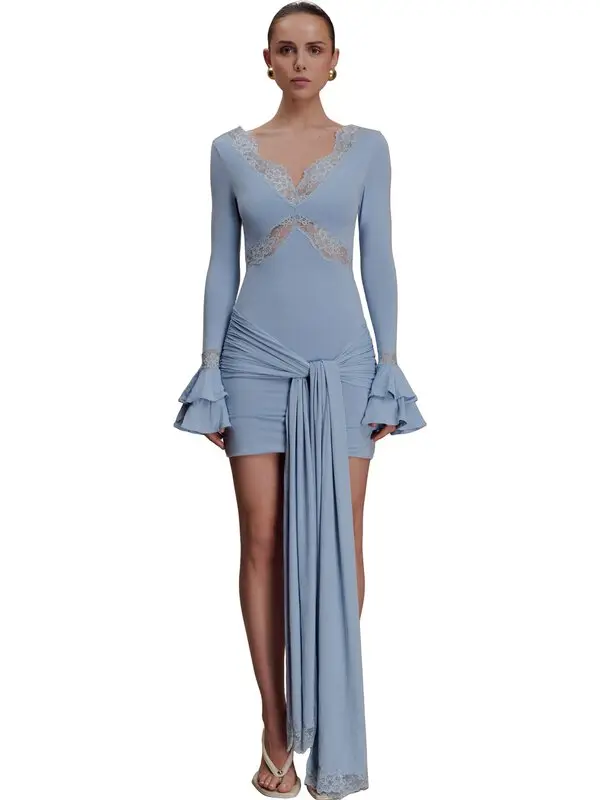 Meshki Electra Slinky Lace Mini Dress - Pale Blue