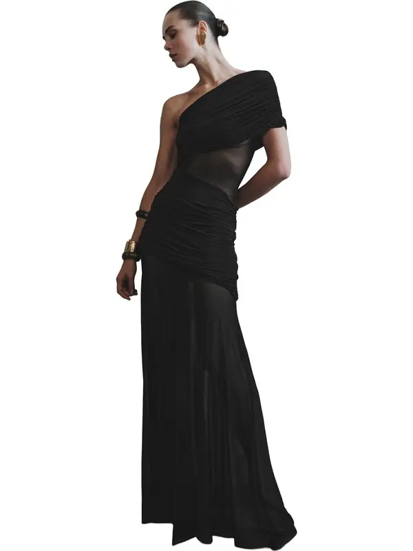 Meshki Dallas One Shoulder Mesh Maxi Dress - Black